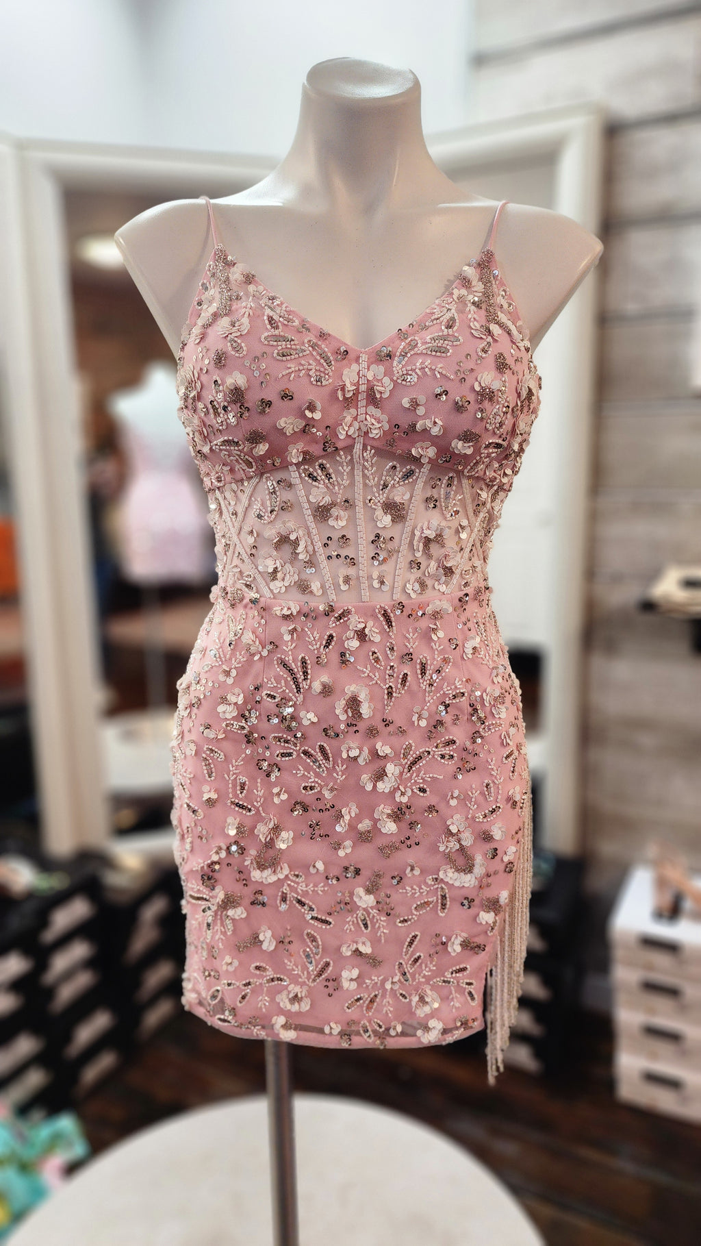 Alyce Paris, Powder Pink Floral Fringe Cocktail – Weeping Willow Boutique